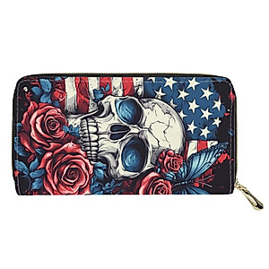 Snilety Women Long Wallet PU Leather Card Case, Red Rose Printed RFID Credit Card Holder Zipper ID Card Travel Wallet
