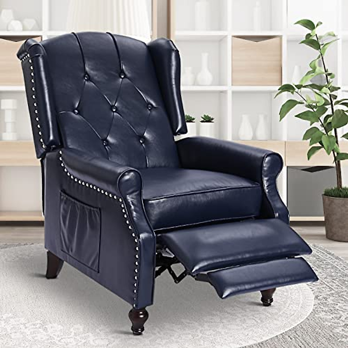 VUYUYU Wingback Recliner Chair, Push Back Arm Chair with Heat and Massage, PU Leather Single Sofa for Home, Living Room, Office, Bedroom(Navy Blue)