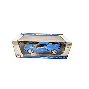 Maisto Diecast Cars 2020 Chevy Corvette Stingray C8 Coupe with High Wing Blue with Black Stripes 118 Diecast Model Car31455