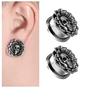 COOEAR Skull Flower Ear Gauges Piercing Tunnels Flesh Plugs Screw Back Silver Stretchers Expander 2g to 1 inch.