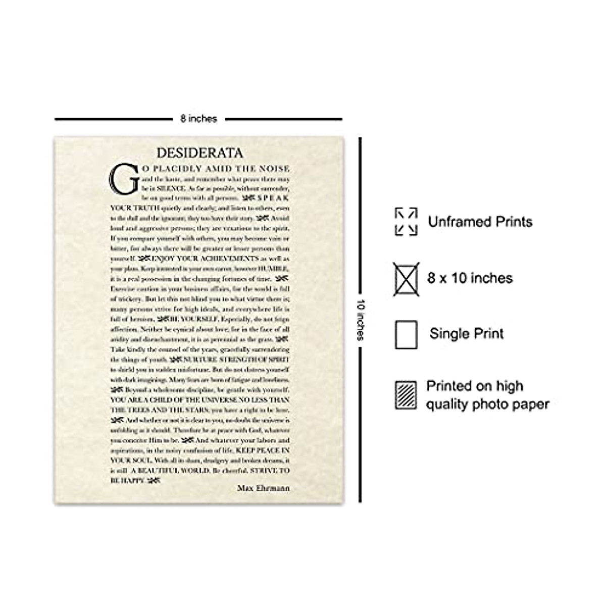 Desiderata Poem Wall Art Print - Max Erhman - Unframed Typography - Makes a Great Gift for Home Decor - Inspirational and Motivational - Ready to Frame (8x10) Photo