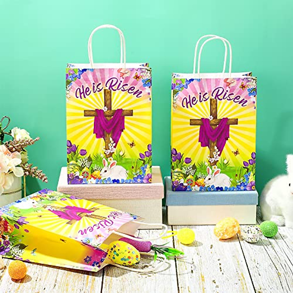 16 Pieces Easter Treat Bags Inspiring He Is Risen Sign Paper Gift Bags Cookie Egg Candy Goody Easter Bags with Double Handles for Easter Theme Bible School Party Favor