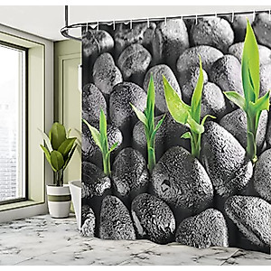 Ambesonne Plant Shower Curtain, Basalt Stones with Bamboo Leaves Sticking Water Droplets Harmony of Nature, Cloth Fabric Bathroom Decor Set with Hooks, 69" W x 70" L, Dark Taupe Lime Green