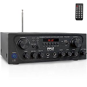 Pyle -Upgraded- 2 Channel Karaoke Home Audio Amplifier w/Bluetooth for Streaming, AUX-in, USB, 2 Microphone Input w/Echo Effect, Talkover for PA, Compact Footprint, Black