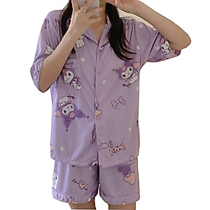 WANHONGYUE Kawaii Kuromi Pajamas for Women Girls Sleepwear Loungewear Short Sleeve Shirt with Shorts 2 Piece Pajama Sets Purple/1 M
