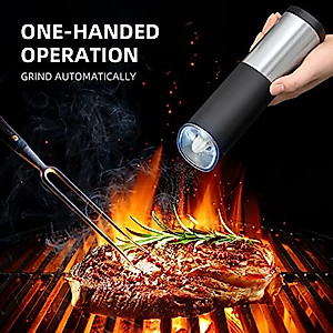 Rocyis USB Rechargeable Electric Salt and Pepper Grinder-Gravity Automatic Spice Mill w/LED Light, Adjustable Coarseness, One Hand Operated Smart Kitchen Gadgets, Silver