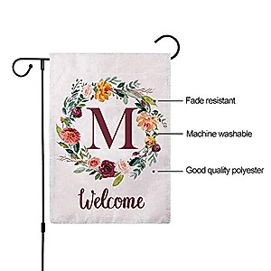 ULOVE LOVE YOURSELF Letter M Garden Flag with Flowers Wreath Double Sided Print Welcome Garden Flags Outdoor House Yard Flags 12.5 x 18 Inch