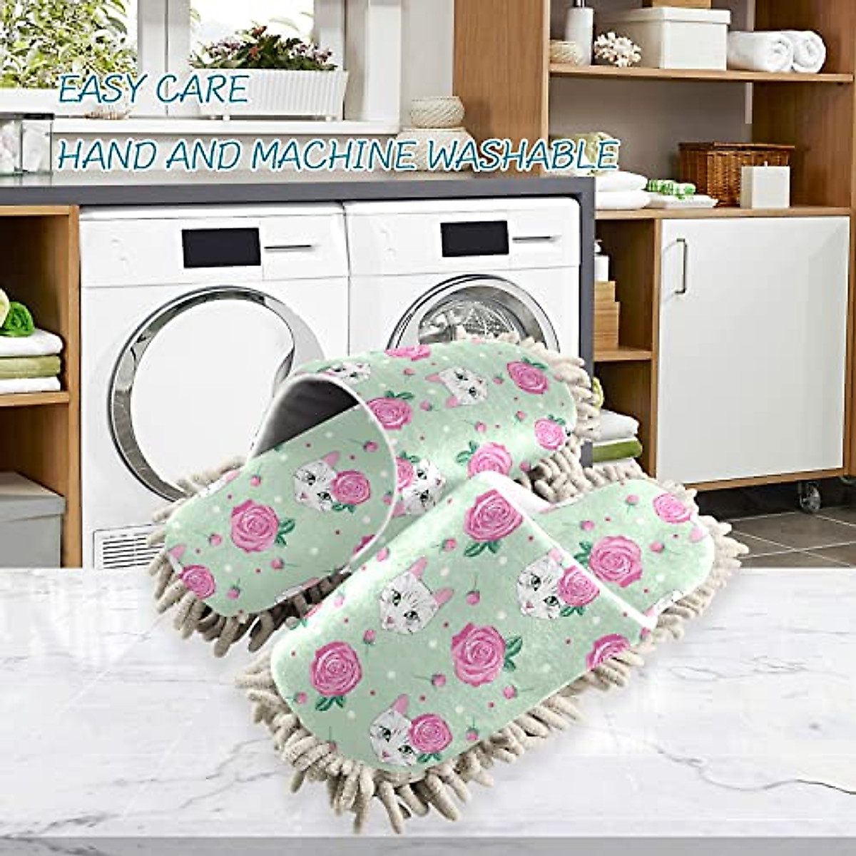 Cat Flowers Roses Mop Slippers Shoes Cover for Floor Cleaning Washable Dirty Hair Dust Cleaners Microfiber Mop Socks for Kitchen House Office