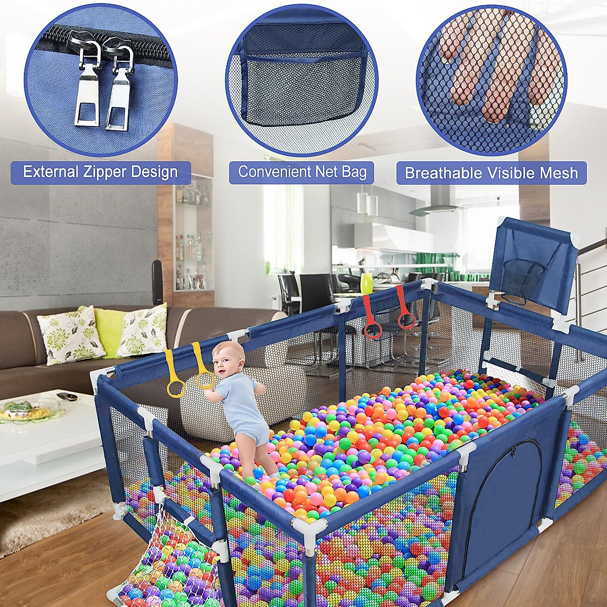 Baby Playpen, Baby Ball Pit with Gate, Safe No Gaps Kids Play Pen Activity Center Play Area w/Breathable Mesh, Non-Slip Suckers, Dark Blue(No Ocean Balls)
