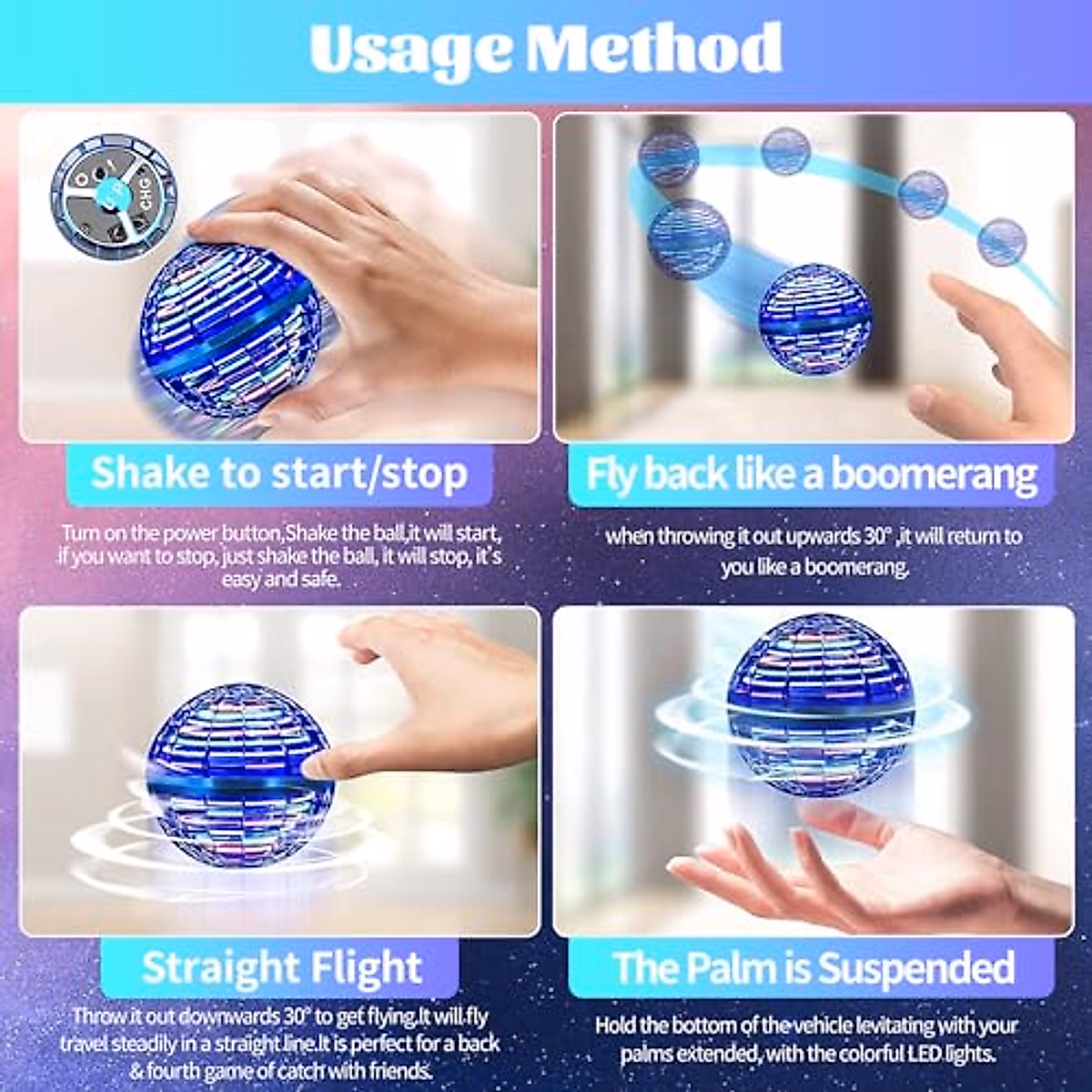 ZEOXUER Flying Ball Toys, 2023 Flying Orb Hover Ball, Cosmic Globe Boomerang, 360° Rotating Cool Fidget Spinner, Mini Drone Flyorb Toy with Built-in RGB Light Gift Safe for 6 7 8 9 10+Kids Adults