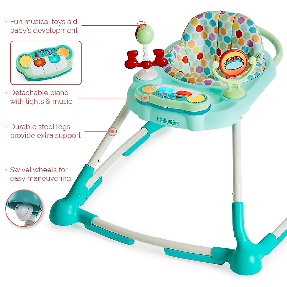 Kolcraft Tiny Steps Groove 3-in-1 Infant and Baby Activity Push Walker with Steel Base, Removable Piano-Toy, Seated or Walk-Behind for Baby Girl or Boy - Honeycomb