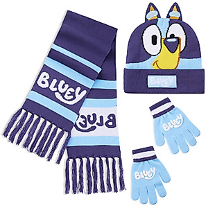 Bluey Girls Winter Set, Kids Hat & Gloves Scarf or Beanie and Gloves - Gifts for Girls (Blue 3 Pcs)