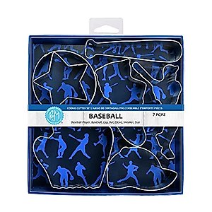 R&M International Baseball Cookie Cutters, Bat, Hat, Ball, Player, Glove, Star, Sneaker, 7-Piece Set,Silver