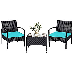 RELAX4LIFE 3-Piece Patio Furniture Set - Rattan Conversation Set, Wicker Bistro Set W/ 2 Chairs, Glass Table, Steel Frame, Outdoor Chairs Set for Yard, Balcony, Front Porch Furniture(Turquoise)