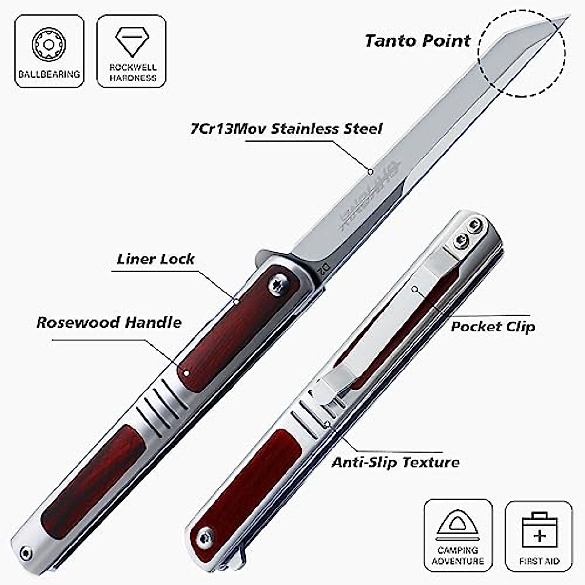 ohmonlyhoo Pocket Knife for Men, 3.5 inch Folding Knife with Pocket Clip,Rosewood Handle Tanto Knife, Great Gift For Men and Women