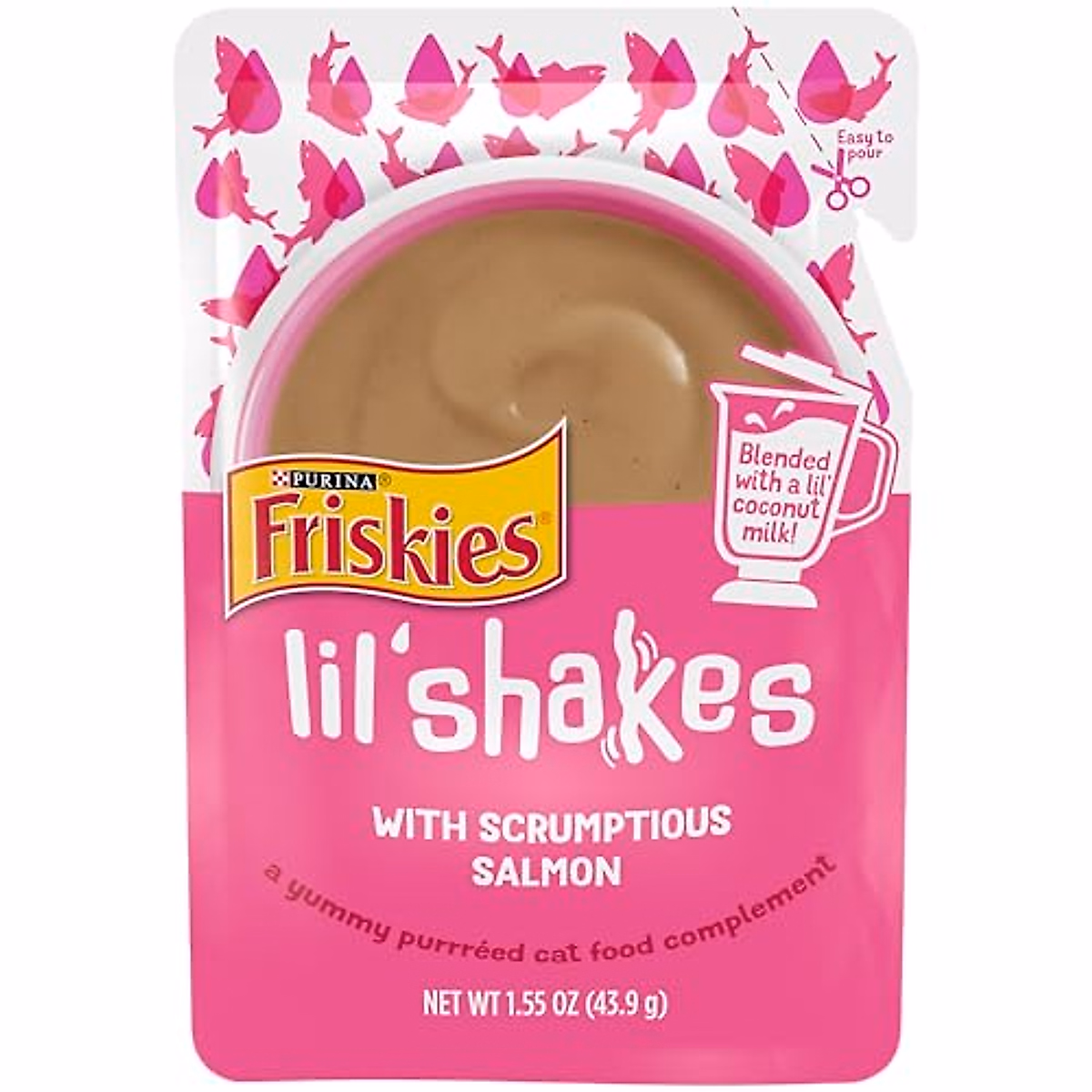 Purina Friskies Pureed Cat Food Topper, Lil’ Shakes With Scrumptious Salmon Lickable Cat Treats - (Pack of 16) 1.55 oz. Pouches