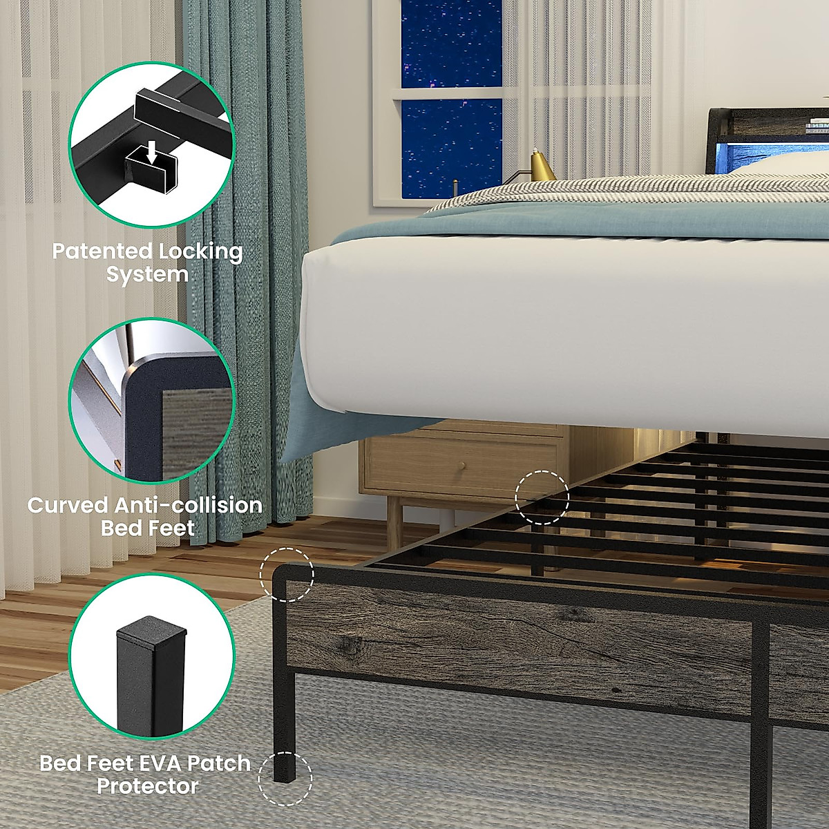 Flexpedic Queen Size Bedframe, Ergonomic Headboard with Multi-Space Storage, Platform Bed Frame Full Size with Charging Station and Adjustable RGB LED Lights, Strong Weight Capacity, Easy Assembly