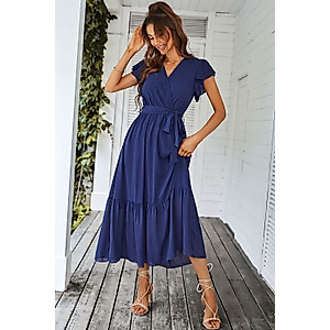 PRETTYGARDEN Women's 2024 Floral Boho Dress Wrap V Neck Short Sleeve Belted Ruffle Hem A-Line Flowy Maxi Dresses (Solid Blue,X-Large)