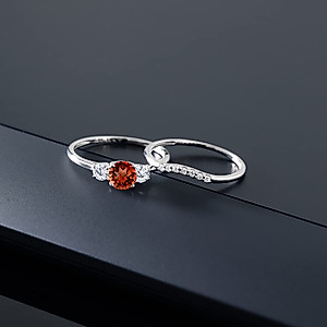 Gem Stone King 10K White Gold Red Garnet and White Lab Grown Diamond 3-Stone Bridal Engagement Wedding Ring Set For Women (1.24 Cttw, Gemstone January Birthstone, Round 5MM, Size 8)