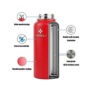 honogo 32 oz Powder Coated Double Wall Vacuum Insulated Sports Water Bottle, 18/8 Stainless Steel Wide Mouth Thermos Flask with Straw Lid & Spout Lid, Leak Proof, Sweat Free, BPA Free (Red, 32 oz)