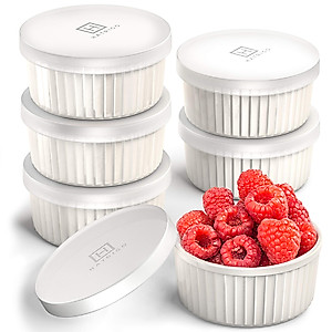 Hatrigo Porcelain Ramekins with Silicone Storage Lids, Set of 6 Assorted Colors, Ramekins 6 oz Oven Safe, 450 deg F, Dishwasher Safe