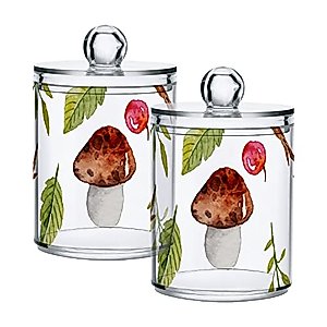 4 Pack Qtip Holder Dispenser Fox Mushrooms Plants Cotton Ball Cotton Swab Cotton Round Pads Floss Clear Bathroom Storage Containers Plastic Apothecary Jars with Lids