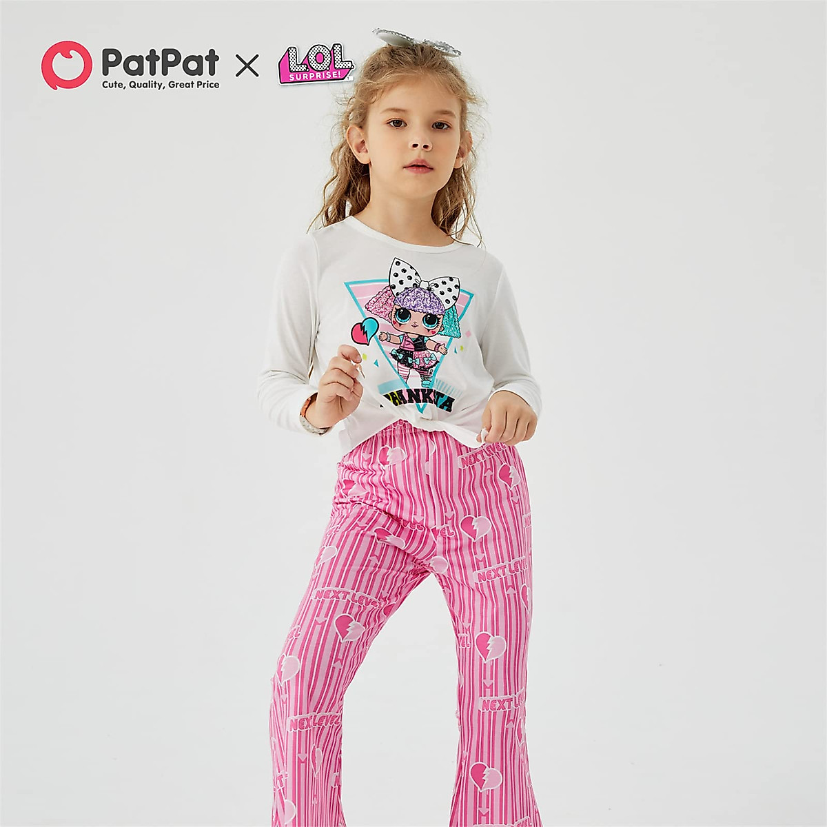 L.O.L. Surprise! Girls 2 Piece Outfits Tie Knot Long Sleeve Tee Top and Heart Pink Bell Bottom Flared Pants Set White 7-8 Years