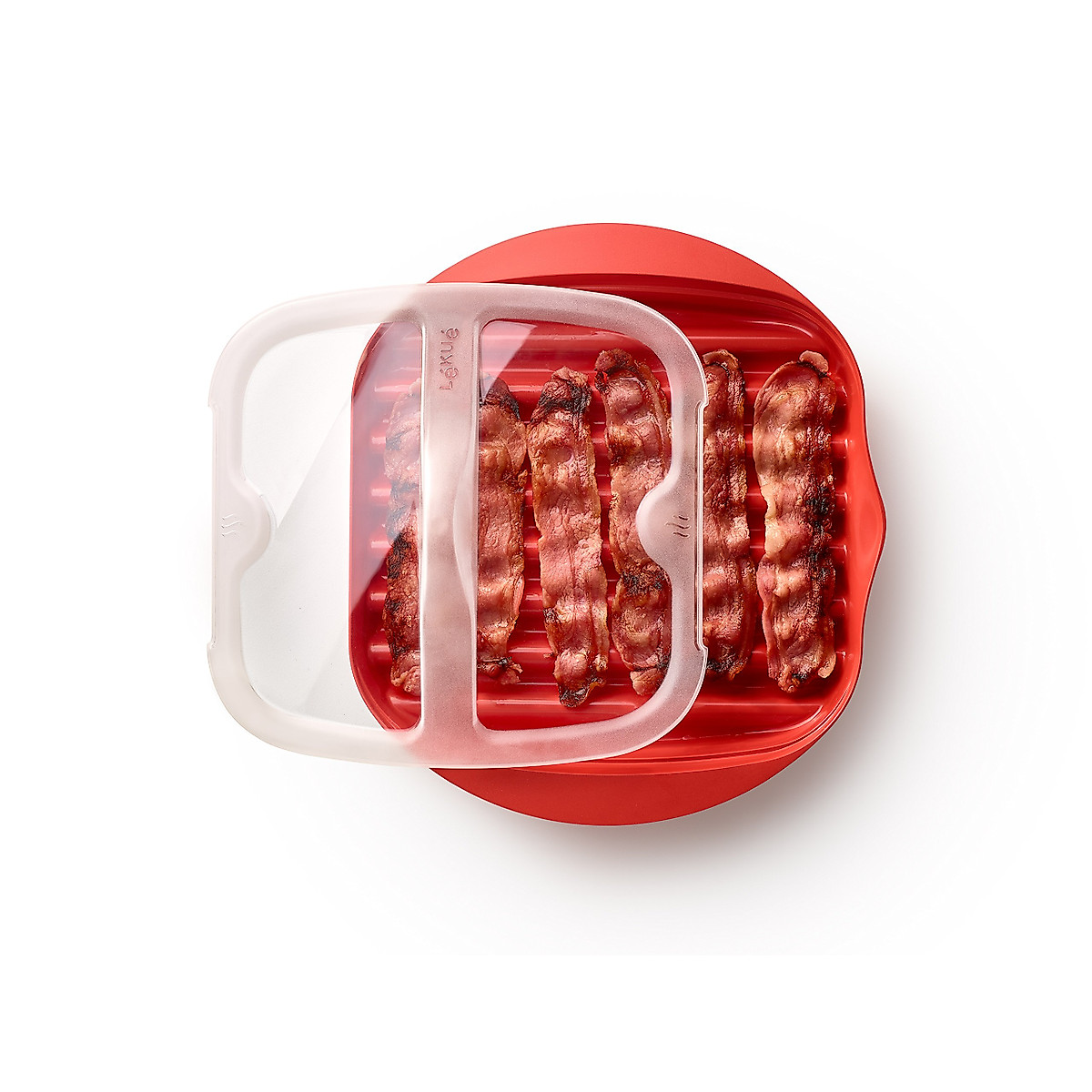 Lekue Microwave Bacon Maker/Cooker with Lid, Red, 11.02" L x 9.8" W x 2.3" H