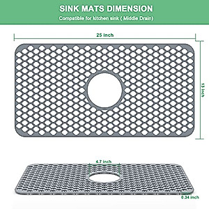 Silicone Sink Protector- Sarlai 25"x13" Center Drain Kitchen Sink Mats Grid Folding Non-slip Sink Mat for Bottom of Ceramic Porcelain Fireclay Farmhouse Sink (Grey)