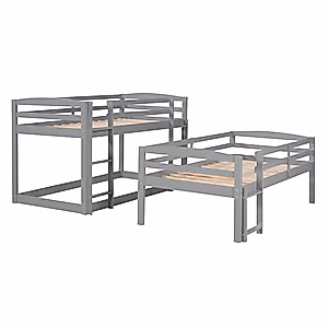 BOVZA Twin Over Twin Over Twin Bunk Bed, Wooden Triple Bunk Bed with Guardrails and Ladders, for Kids and Teens, Gray