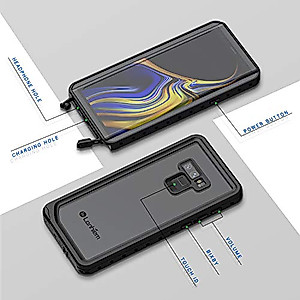 Lanhiem for Galaxy Note 9 Phone Case, IP68 Waterproof Dustproof Shockproof Case with Built-in Screen Protector, Full Body Underwater Protective Clear Cover for Samsung Galaxy Note 9, Black