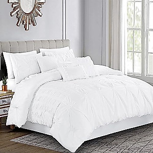 JML California King Comforter Set, 7 Piece Pinch Pleat Bed in a Bag Set with Shams and Decorative Pillows - Luxury Pintuck Microfiber Down Alternative Bedding Comforter Sets,White