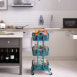 DESIGNA Metal Utility Cart, 3 Tier Mesh Rolling Storage Cart with Handle and Lockable Wheels,Easy Assembly Craft Carts for Kitchen,Bathroom,Office,Turquoise