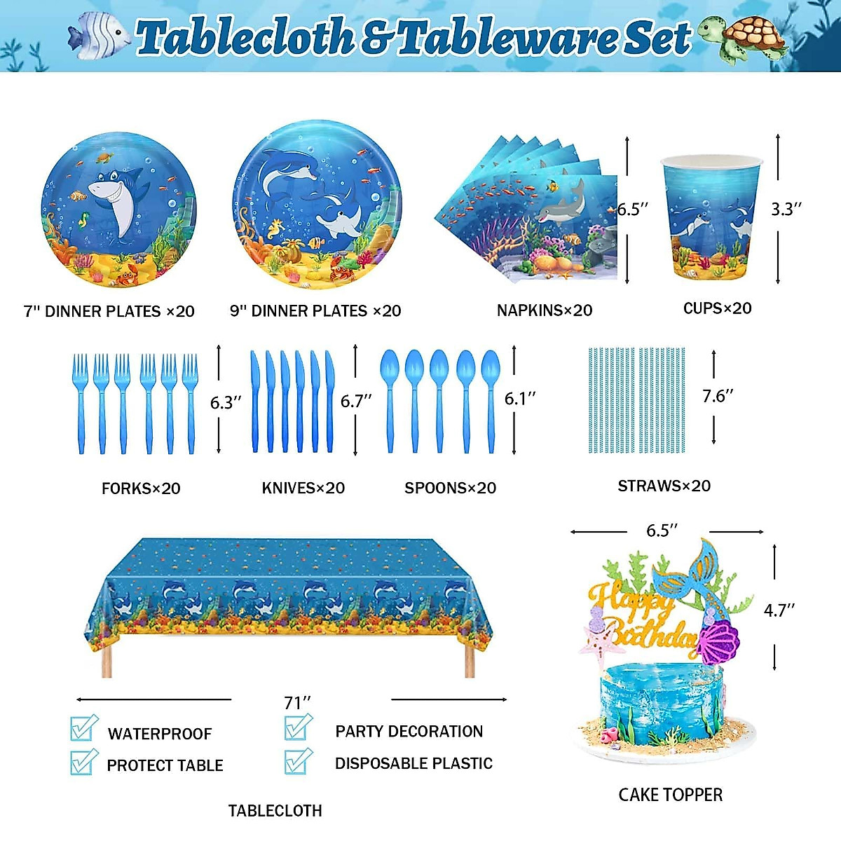 Hombae Under The Sea Party Decorations, Ocean Themed Birthday Tableware Supplies Backdrop Balloon Garland Banner Tablecloth Cake Topper Plate Napkin Cup Straw Knife Spoon Fork Shark Octopus 228 PCs