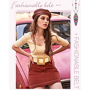 3 Pieces Straw Woven Belt Elastic Stretch Belt Boho Waist Belt Skinny Dress Braided Belt Wooden Buckle for Women