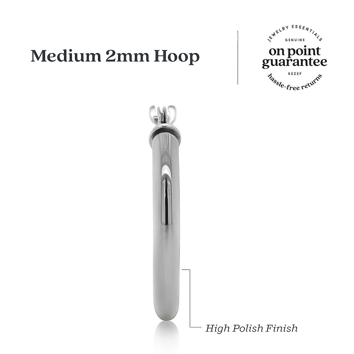 KEZEF 14K Real Gold Hoop Earrings for Women - 2mm Thickness, Lightweight Tube Hoops for Women with High Polish Finish in 14 kt White Gold - 50mm / 2" Diameter