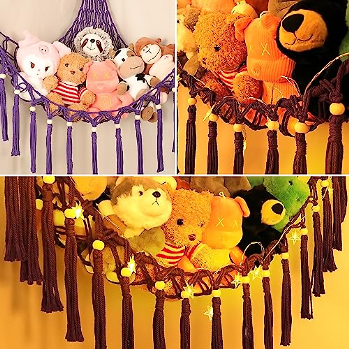Razella Purple Stuffed Animal Net or Hammock with LED Light Net for Stuffed Animals Corner Plush Animal Storage Hammock for Wall Bedroom Living Boho Kids Room Decor