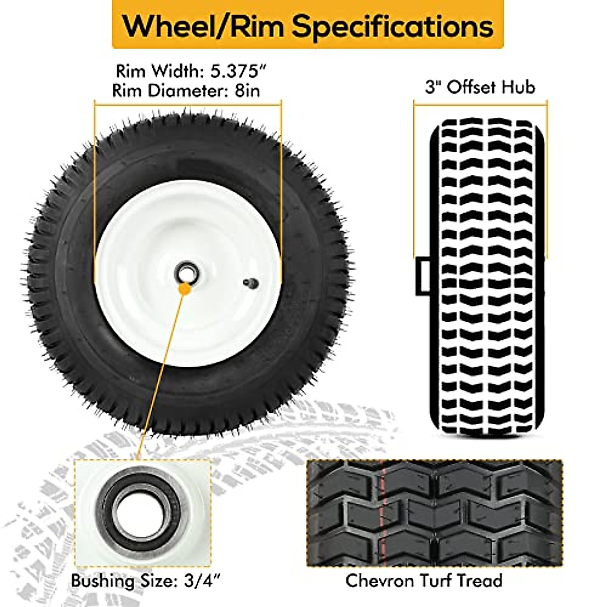 WEIZE 16x6.50-8 Lawn Mower Tires with Rim, 3" Offset Hub, 3/4" Bearing, 16x6.5-8 Tractor Turf Tire, 4 Ply Tubeless, 615lbs Capacity, Set of 2