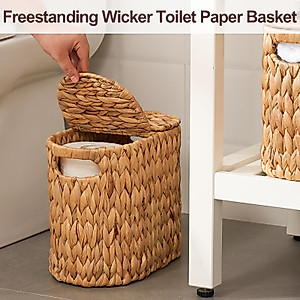 FairyHaus Wicker Toilet Paper Storage Basket with Lid & Handles, 4 Rolls Handwoven Toilet Paper Holder with Storage, Natural Water Hyacinth Toilet Paper Holder Stand Basket for Bathroom