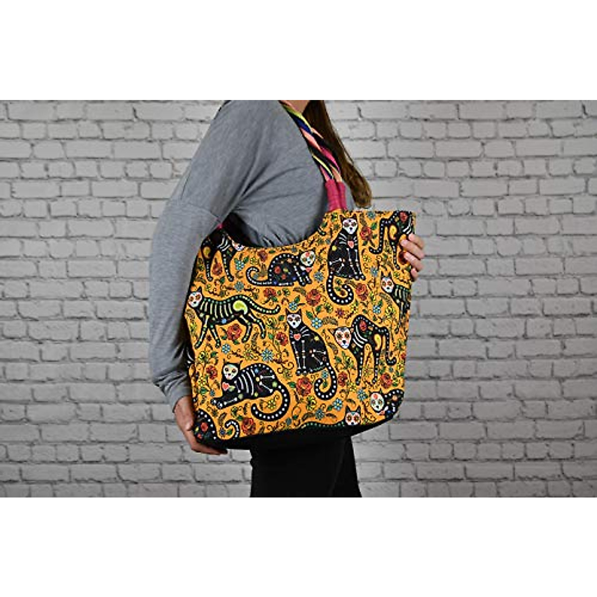Cat-On-The-Bag Dia De Los Muertos Con Gatos Large Gothic Day of the Dead Cat Themed Over The Shoulder Canvas Purse for Women for Everyday Use, Shopping and More