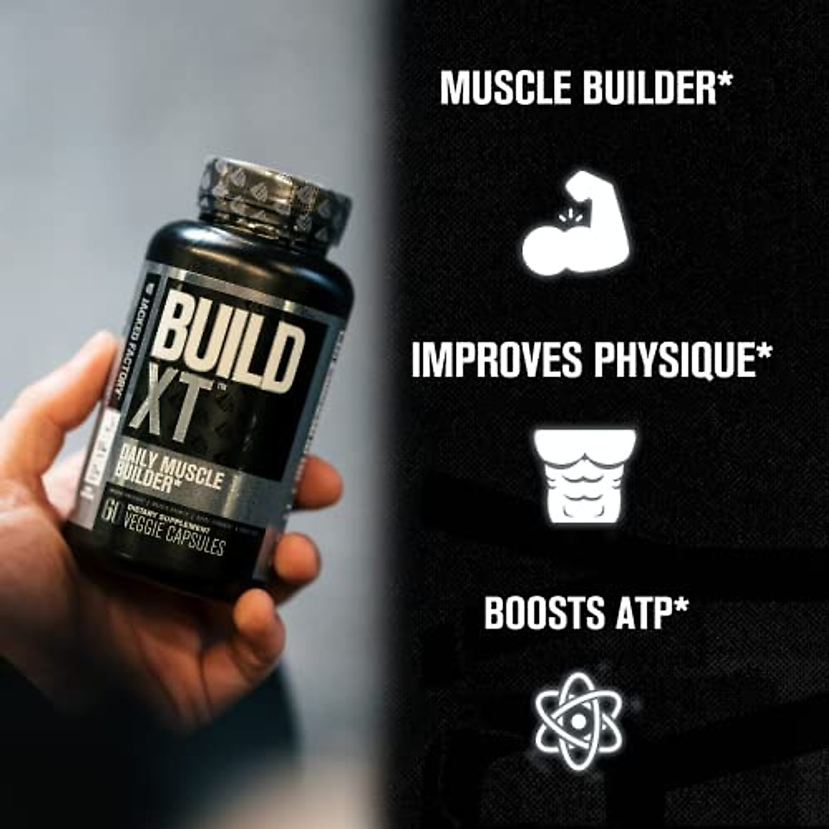 Jacked Factory Build-XT Daily Muscle Builder & Performance Enhancer w/Trademarked Ingredients - Muscle Building Supplement for Strength & Growth - Peak02, ElevATP, & Astragin - 60 Veggie Pills