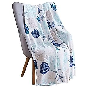 Ocean Life Coastal Throw Blanket: Soft Plush Velvet Fleece Calming Hues of Blues Beige on White, Accent for Sofa Couch Chair Bed or Dorm (Coastal Shells)