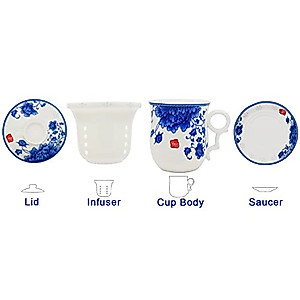 Tea Talent Porcelain Tea Cup with Infuser Lid and Saucer Sets - Chinese Jingdezhen Ceramics Coffee Mug Teacup Loose Leaf Tea Brewing System for Home Office