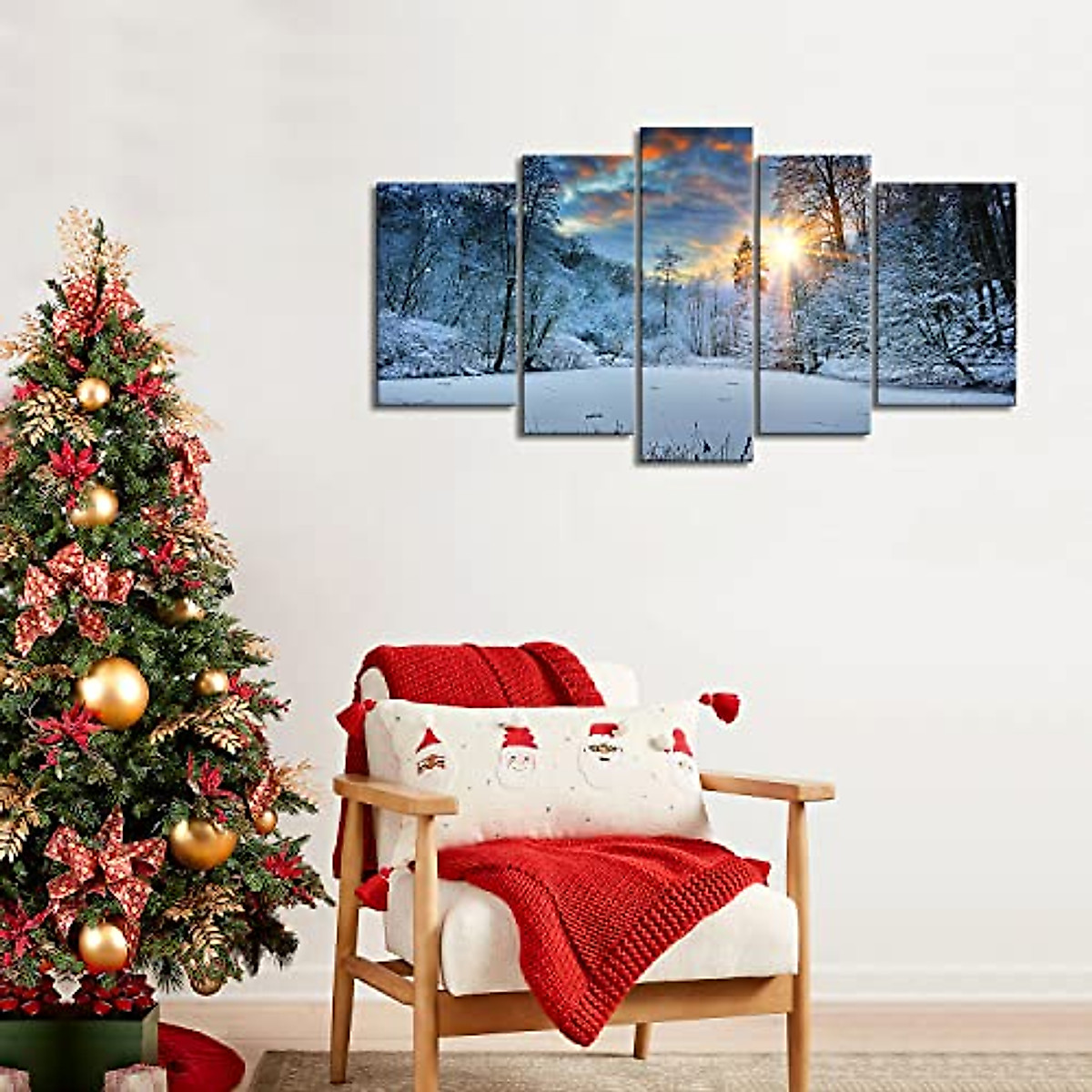 Modern Canvas Painting Wall Art Snowfield Winter Snow Forest Tree Sunrise sunset Landscape Mountain & Tree Print on Canvas Artwork Wall Decor (B)