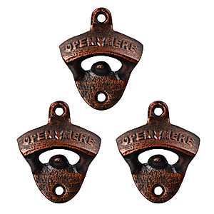 HAIICEN Aged Copper Wall Mount Beer Bottle Opener Cast Iron Beer Cap Opener Open Here for Patio Party Gifts (Pack of 3)
