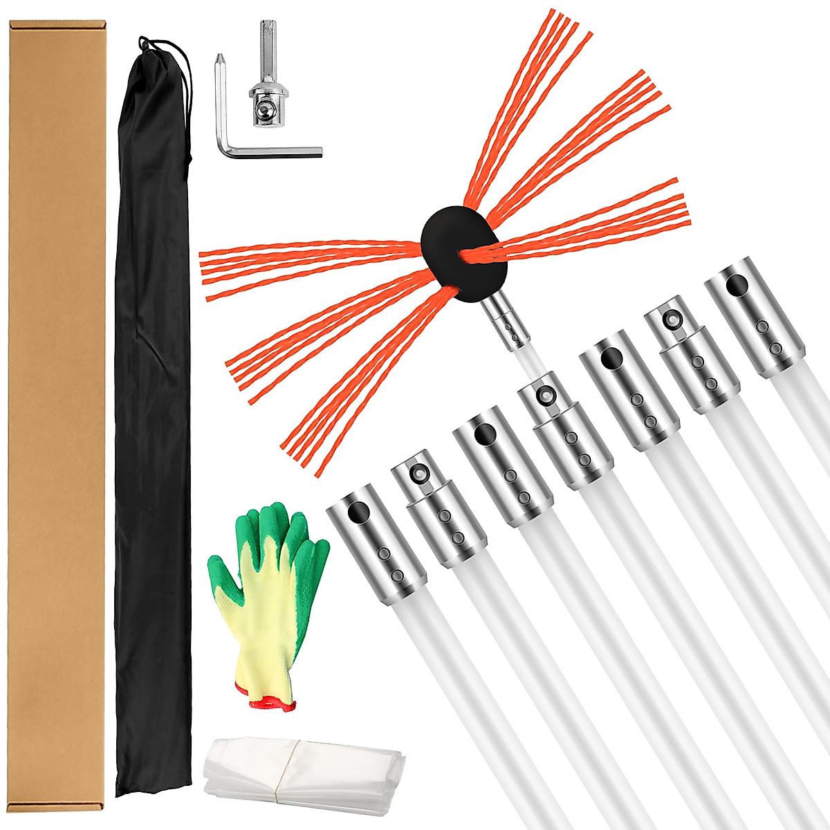 23 Feet Chimney Sweep Kit Chimney Cleaning Kit Chimney Brush, Rotary Chimney Cleaner Tool Kit with 7 Nylon Flexible Rods, Chimney Cleaning System Driven by Drill for Sweeping Fireplace Flue