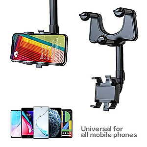 VAGURFO Rear View Mirror Phone Holder Mount,Multifunctional 360° Rear View Mirror Phone Holder with Swivel and Adjustable Clips,Universal Smartphone Cradle, Black