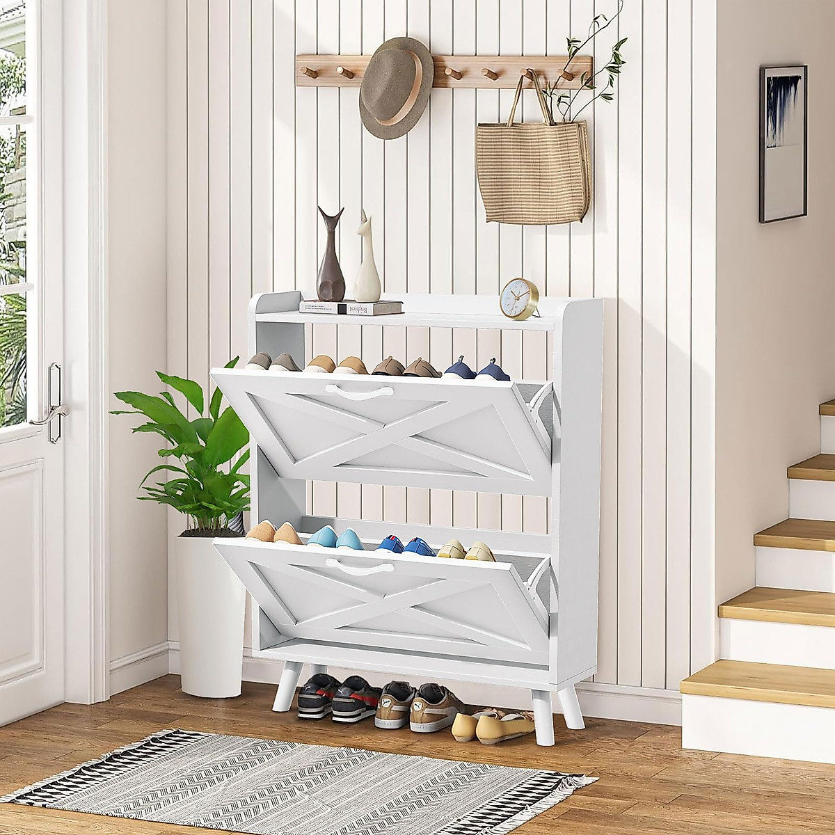 Crownland Shoe Storage Cabinet, Shoe Storage Organizer with 2 Flip-Out Drawers, Modern Two-Tier Freestanding Shoe Rack Cabinet for Entryway, Hallway, Living Room(White-Small)