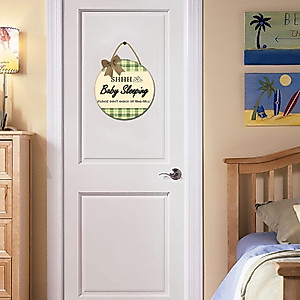 Sokomurg Shhh... Baby Sleeping Sign for Front Door,Please Don't Knock or Ring Bell Hanging Sign Plaque, Round Rustic Wooden Door Hanger for Baby Room, Nursery, Kindergarten, Bedroom, Door Knob Door Decor