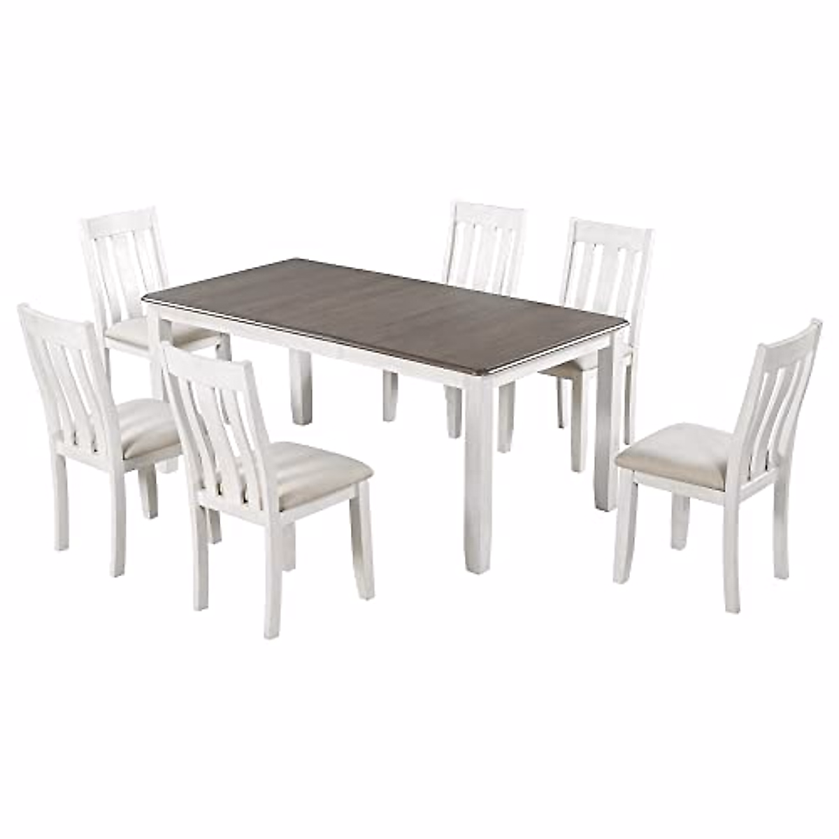 P PURLOVE 7 Piece Dining Table Set, Wood Dining Room Extendable Table and 6 Chairs with Cushions, Retro Style Kitchen Table Set for 6 Persons, Brown and White